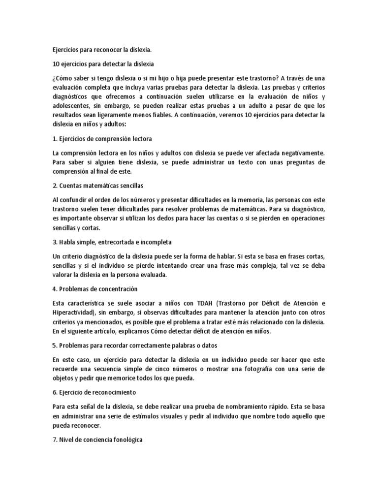 Ejercicios para Reconocer La Dislexia | PDF | Desorden hiperactivo y ...