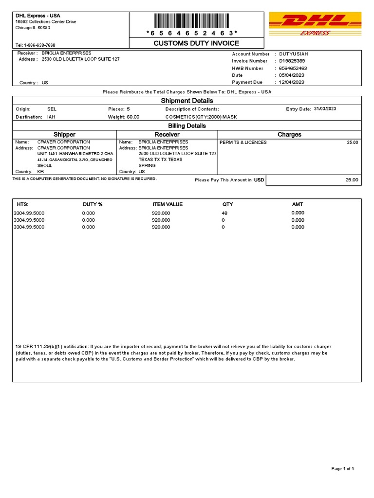 Awb 6564652463 | PDF | Customs | U.S. Customs And Border Protection