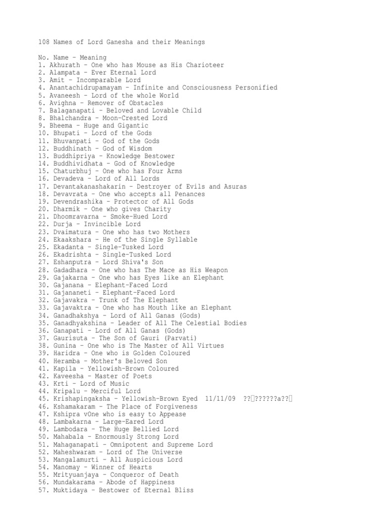 108 Names of Lord Ganesha | PDF | Polytheism | Hindu Mythology