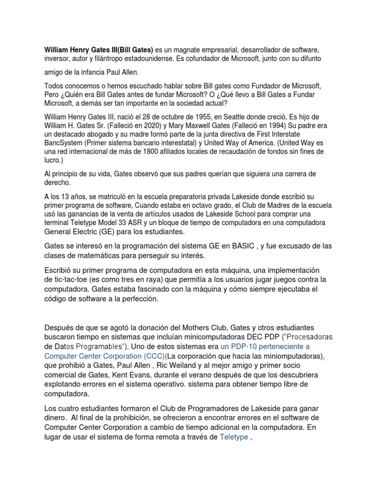 Infancia y legado de Bill Gates | PDF | Informática | Ciencias de la ...