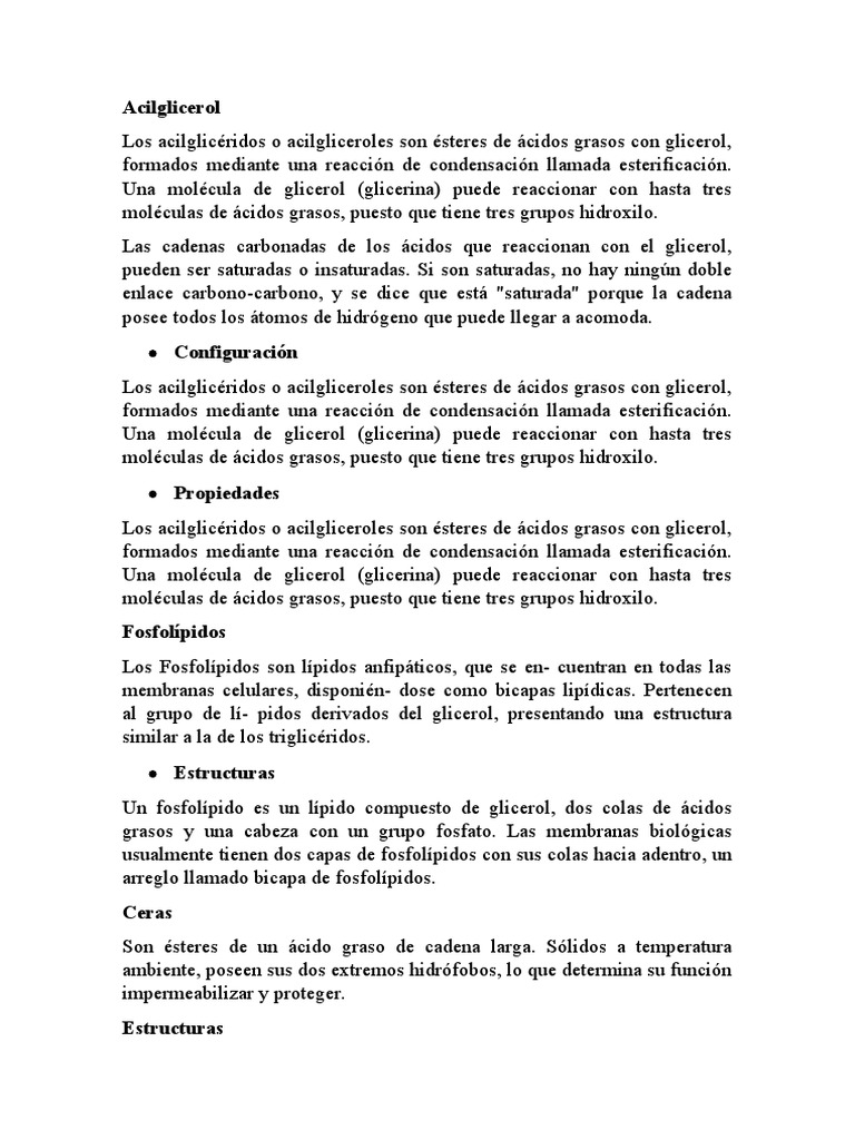 Acilgliceroles: Estructura y Propiedades | PDF | Ácido graso | Glicerol