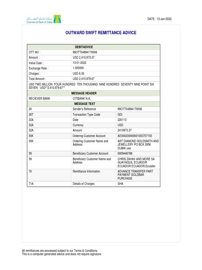Outward Swift Remittance Advice: Debitadvice | PDF | United States ...