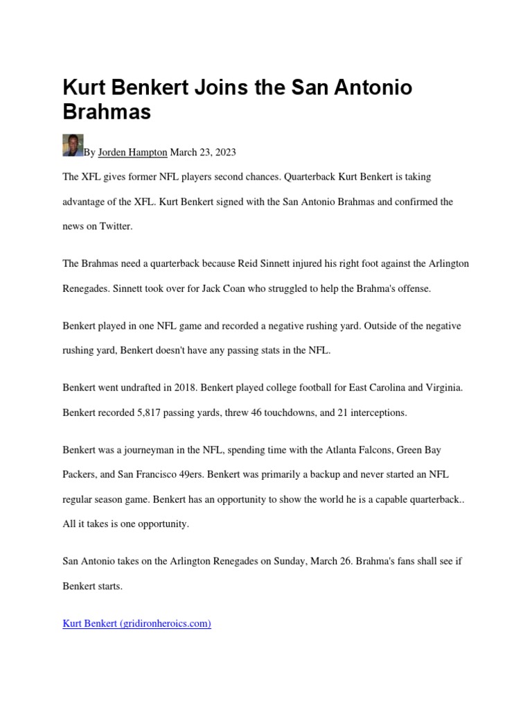 Kurt Benkert Signs With Brahmas | PDF