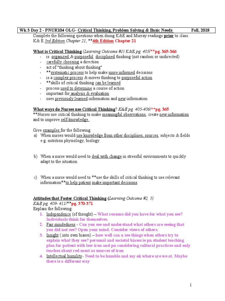 PNUR104 - WK 3 Day 2 - Critical Thinking, Problem Solving & Basic Needs ...