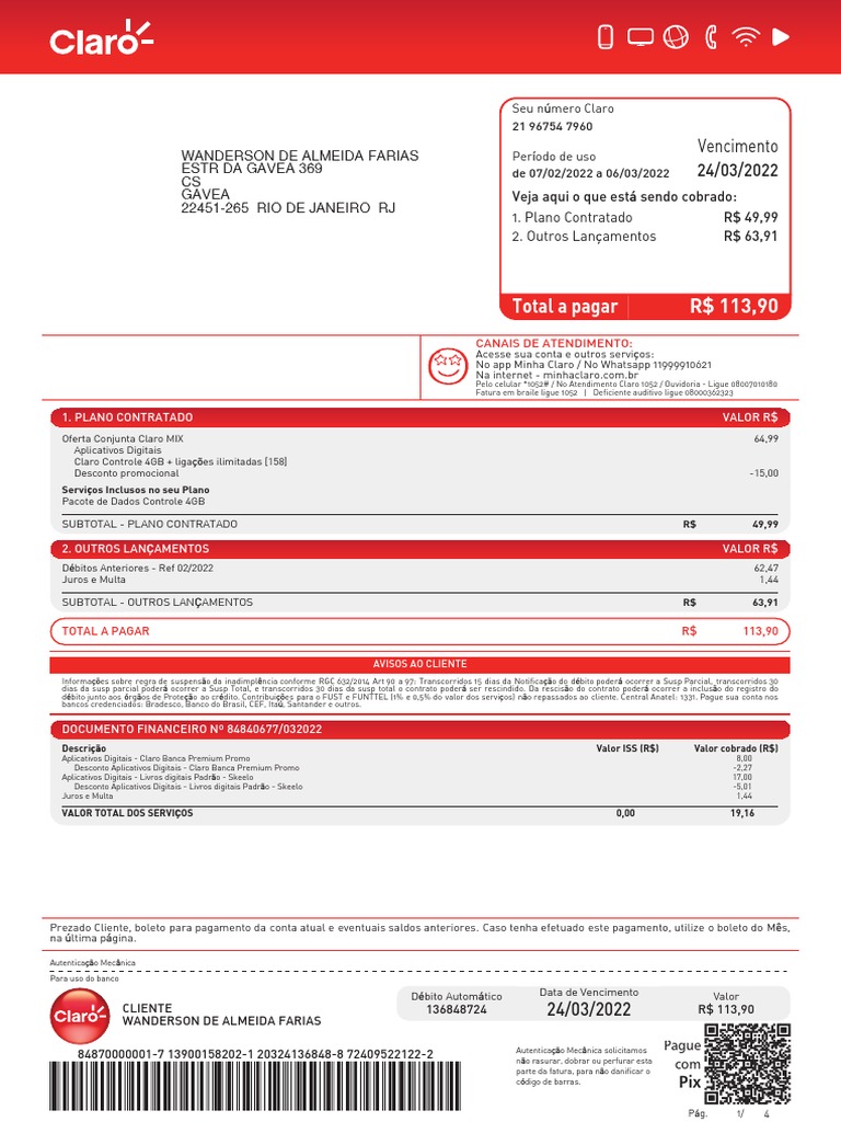 Fatura de serviços de telecomunicações com detalhamento de plano ...