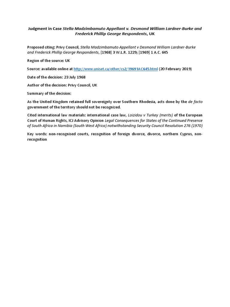 Stella Madzimbamuto Vs Lardner Burke 1968 - Kelson Thoery | PDF | Legal ...