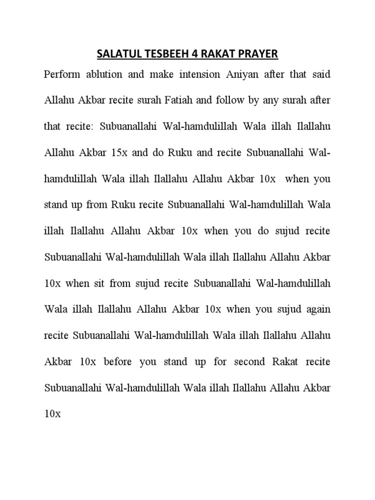 4 Rakat Prayer Salatul Tesbeeh | PDF