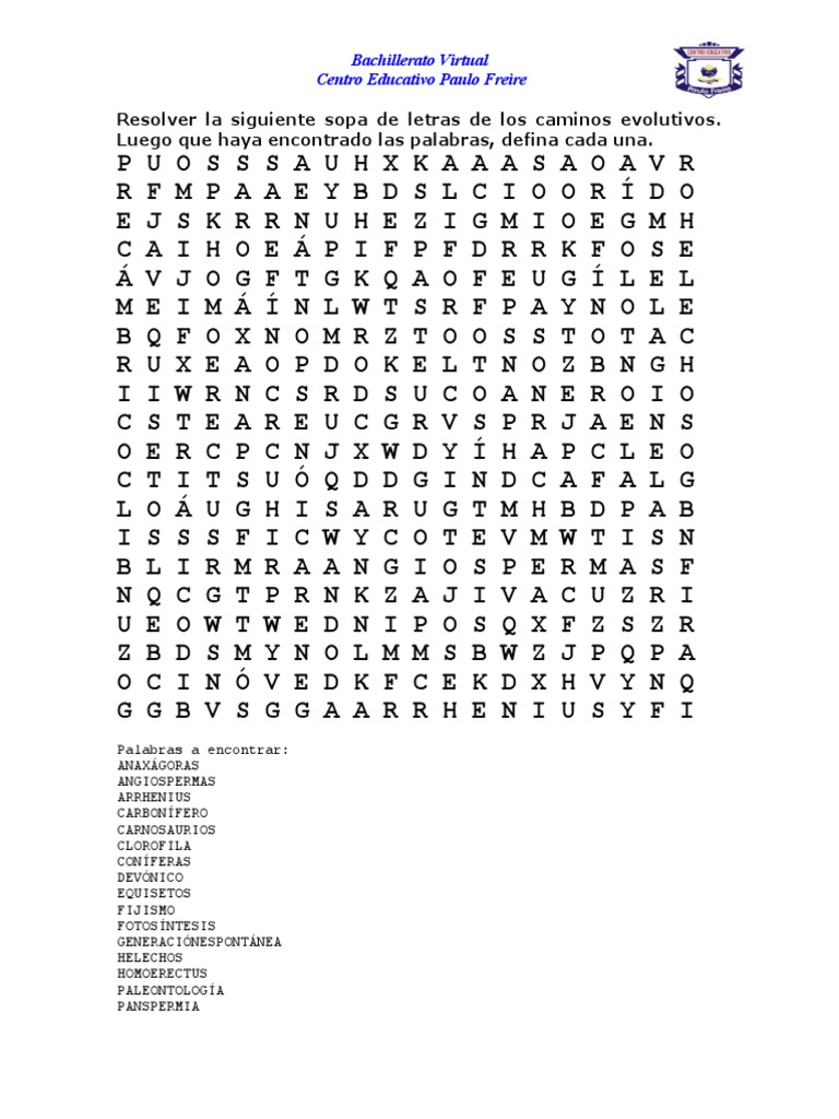 SOPA DE LETRAS Caminos de La Evolucions BIO IV A NUEVOS | PDF