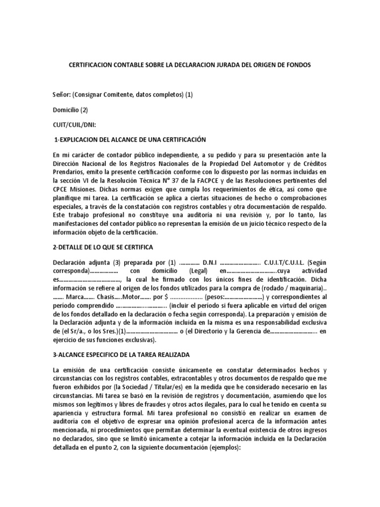 Modelo Certificacion Contable Sobre La Declaracion Jurada Del Origen de ...