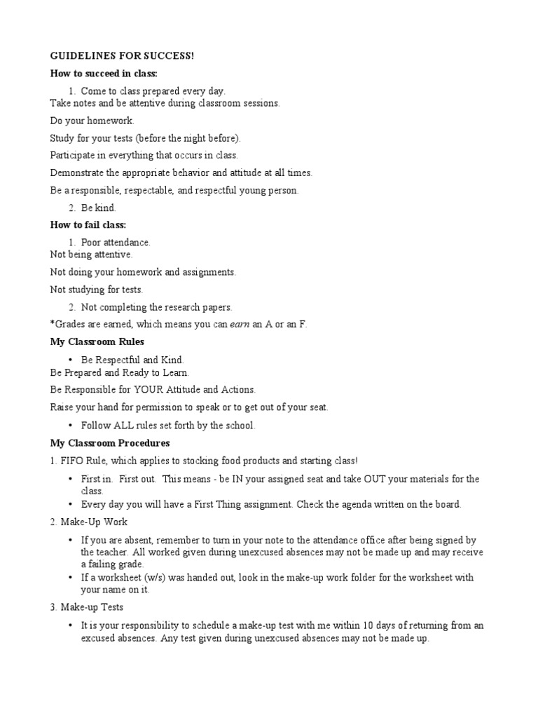 Guidelines For Success! How To Succeed in Class | PDF | Homework ...