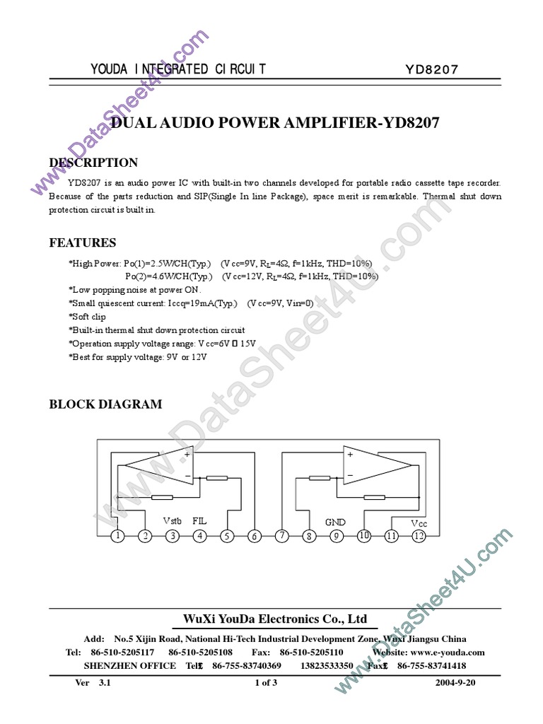 YD8207 Dual Audio Power Amplifier | PDF | Physical Quantities ...