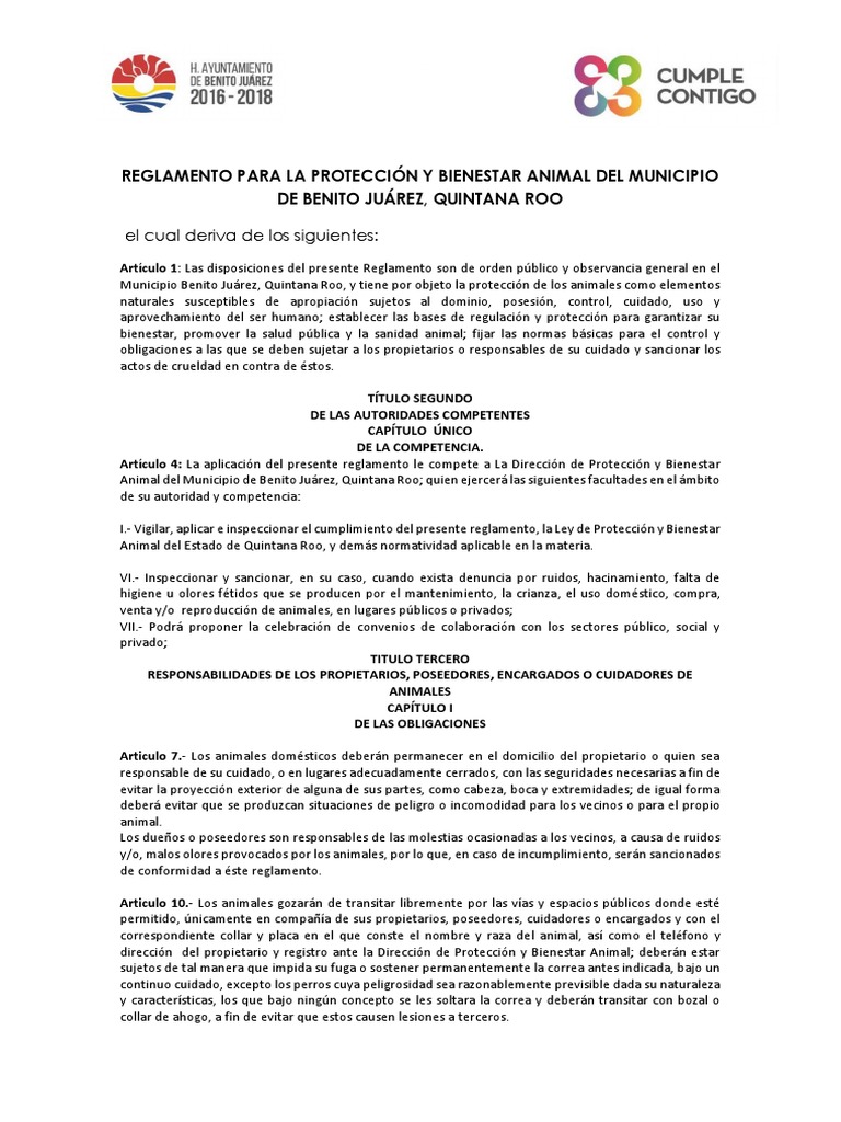 Reglamento para La Protección y Bienestar Animal Del Municipio de Benito Juárez | PDF | Multa ...
