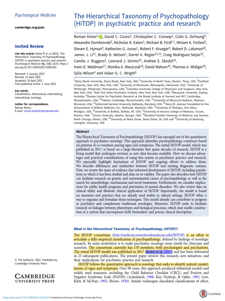 The Hierarchical Taxonomy of Psychopathology (HiTOP) in Psychiatric ...