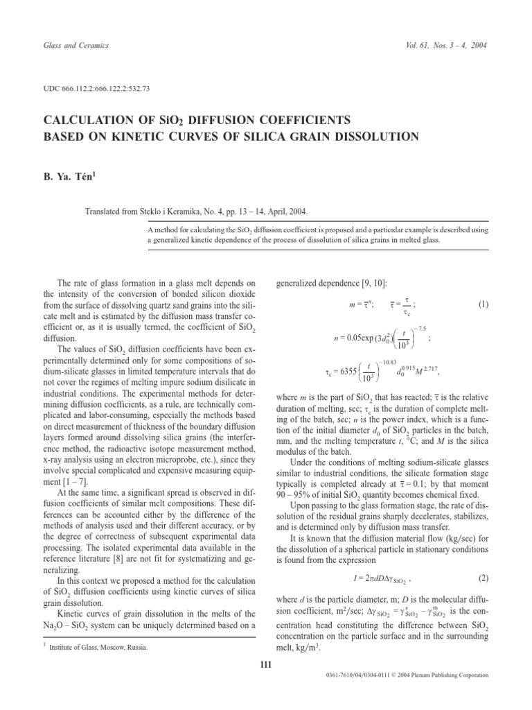 Calculation of Sio Diffusion Coefficients Based On Kinetic Curves of ...