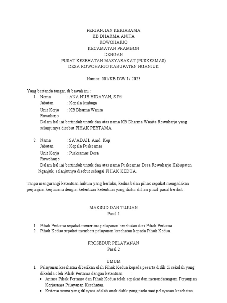 Toaz - Info Contoh Mou Paud Dengan Puskesmas Perjanjian Kerjasama PR | PDF