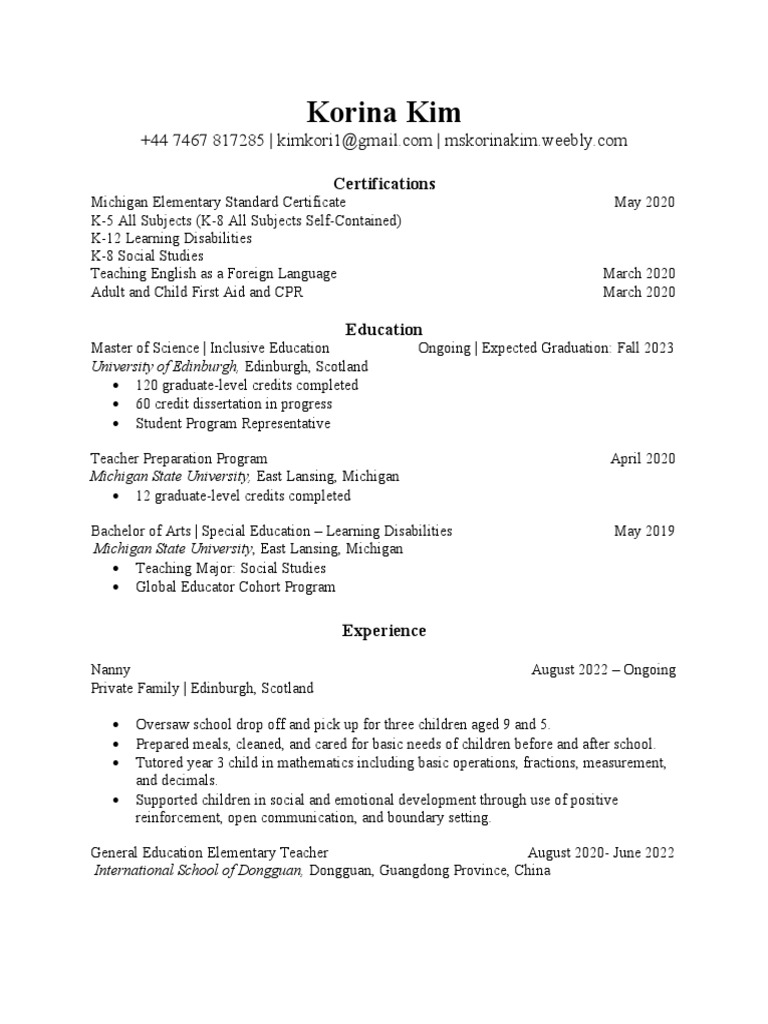 Korina Kim Resume 2023 | PDF | Teachers | Special Education