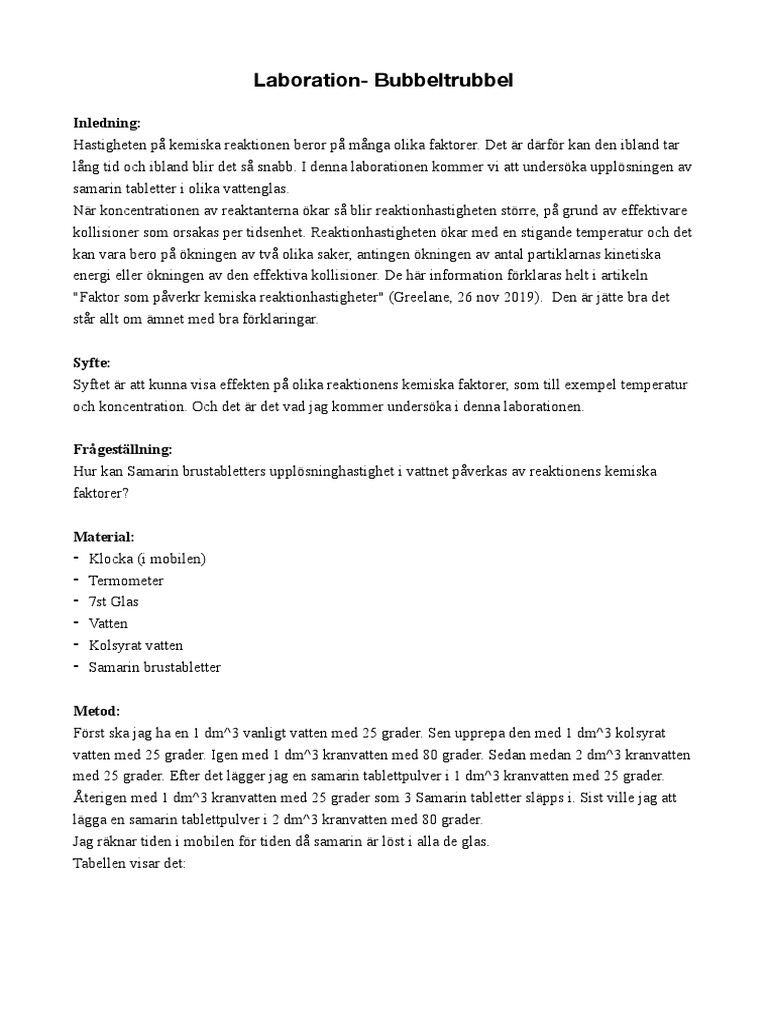 Bubbeltrubbel - Laboration Kemi 2 | PDF