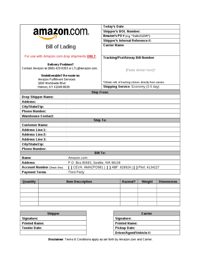 Bill of Lading: Amazon's PO # | PDF