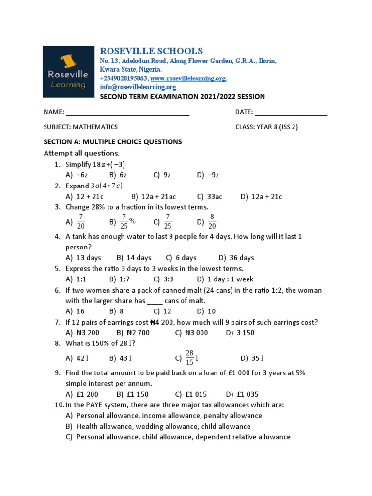 Roseville Secondary School Year 8 Mathematics Examination: A ...