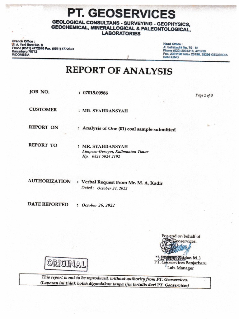 Report of Analysis PT Geoservices 1a+3a | PDF
