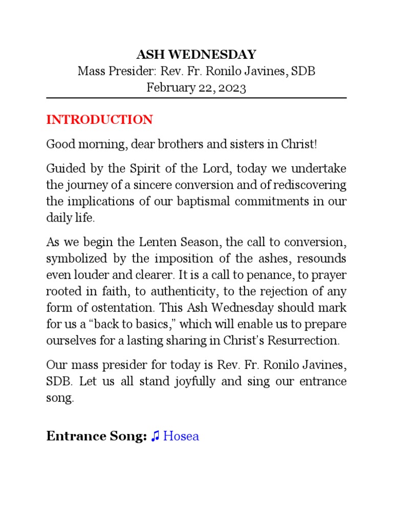 Ash Wednesday: Entrance Song | PDF