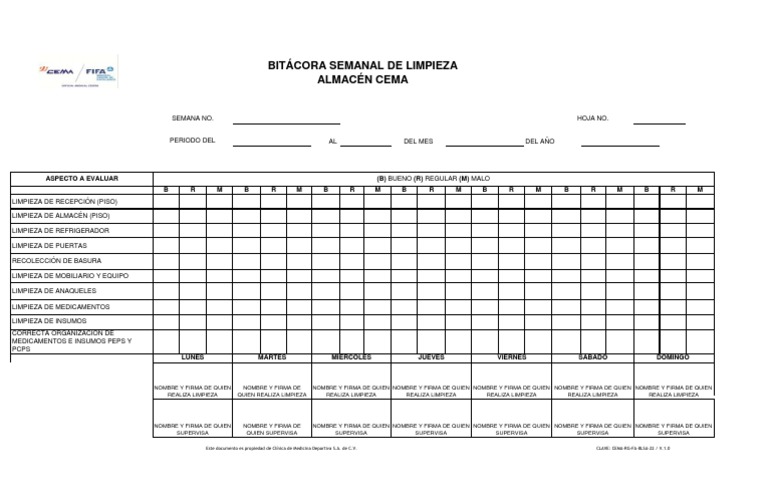 CEMA-RG-FA-BLSA-22 V.1.0 Bitacora de Limpieza Semanal Almacen CEMA | PDF