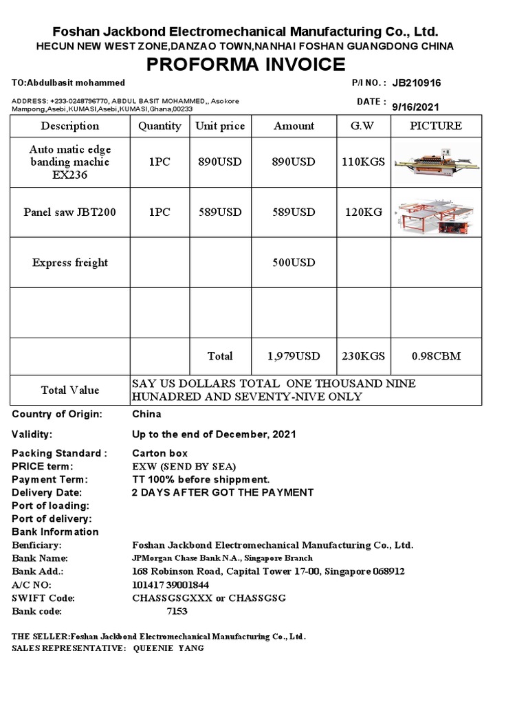 Proforma Invoice: Foshan Jackbond Electromechanical Manufacturing Co ...