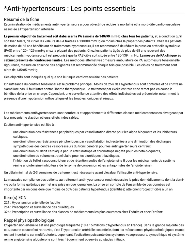 Anti-Hypertenseurs - Les Points Essentiels | PDF | Hypertension artérielle | Spécialités médicales