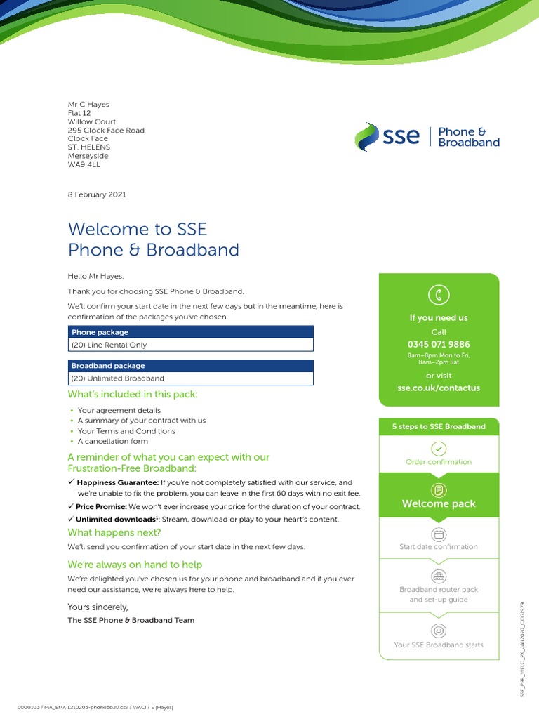 SSE Phone and Broadband Order Confirmation for Mr. C Hayes | PDF ...