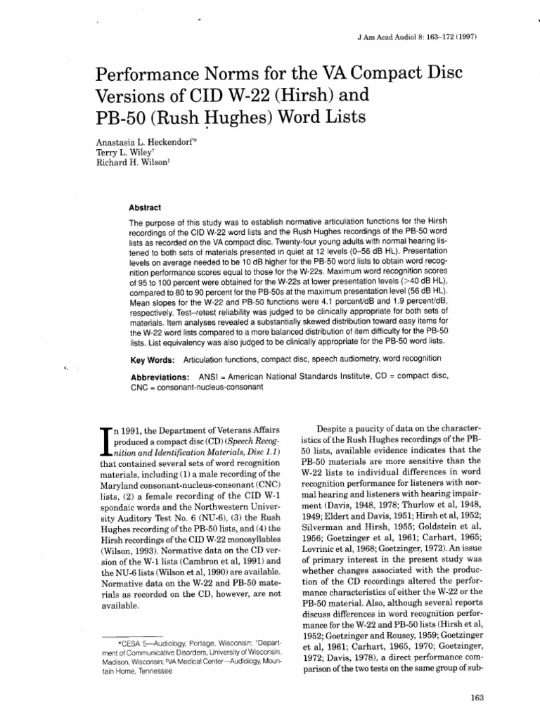 Performance Norms For The VA Compact Disc Versions of CID W-22 (Hirsh ...