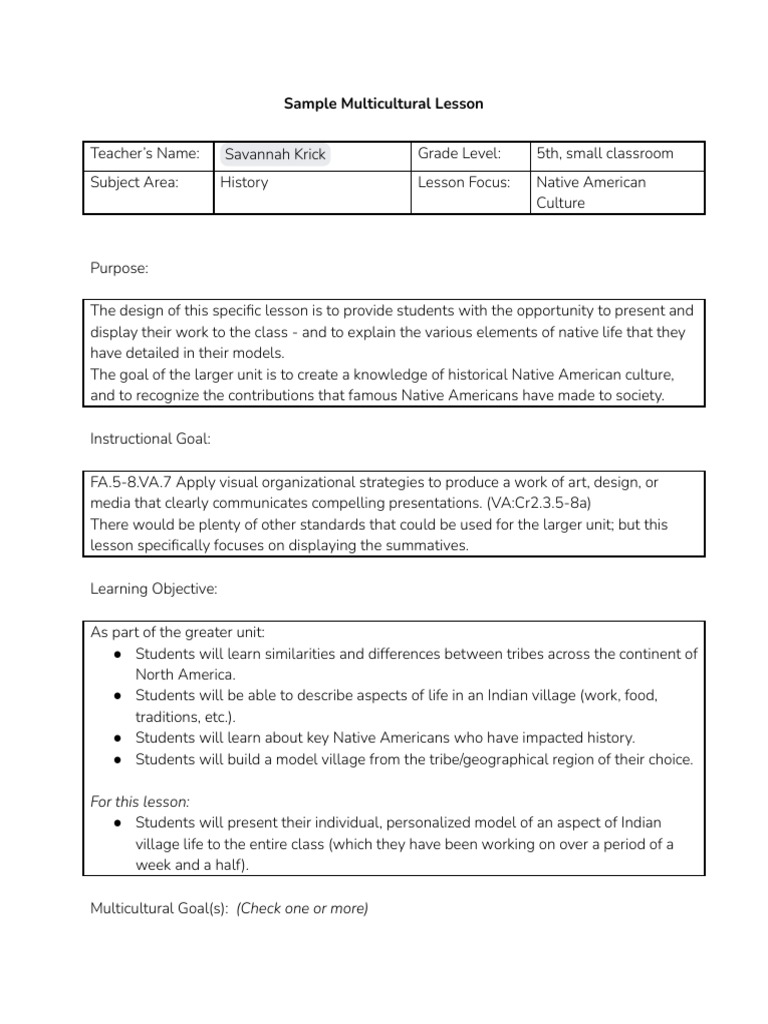 Multicultural Lesson Savannah Krick | PDF | Teachers | Native Americans ...