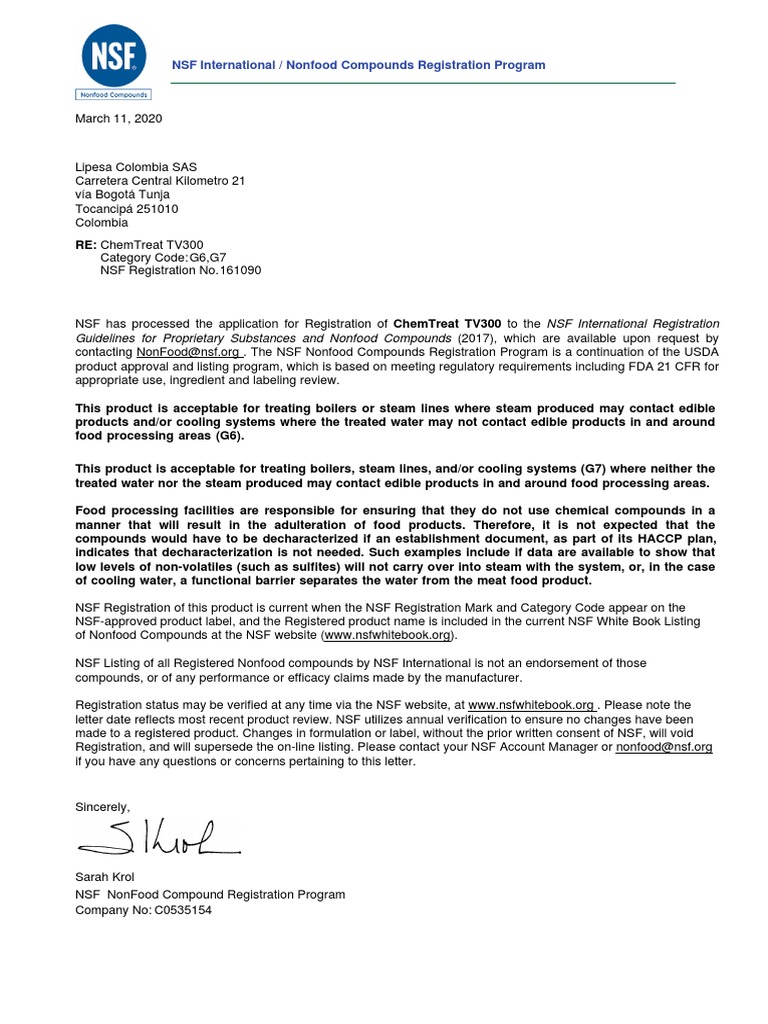 NSF Registration Confirmation for ChemTreat TV300 as Acceptable for Use ...