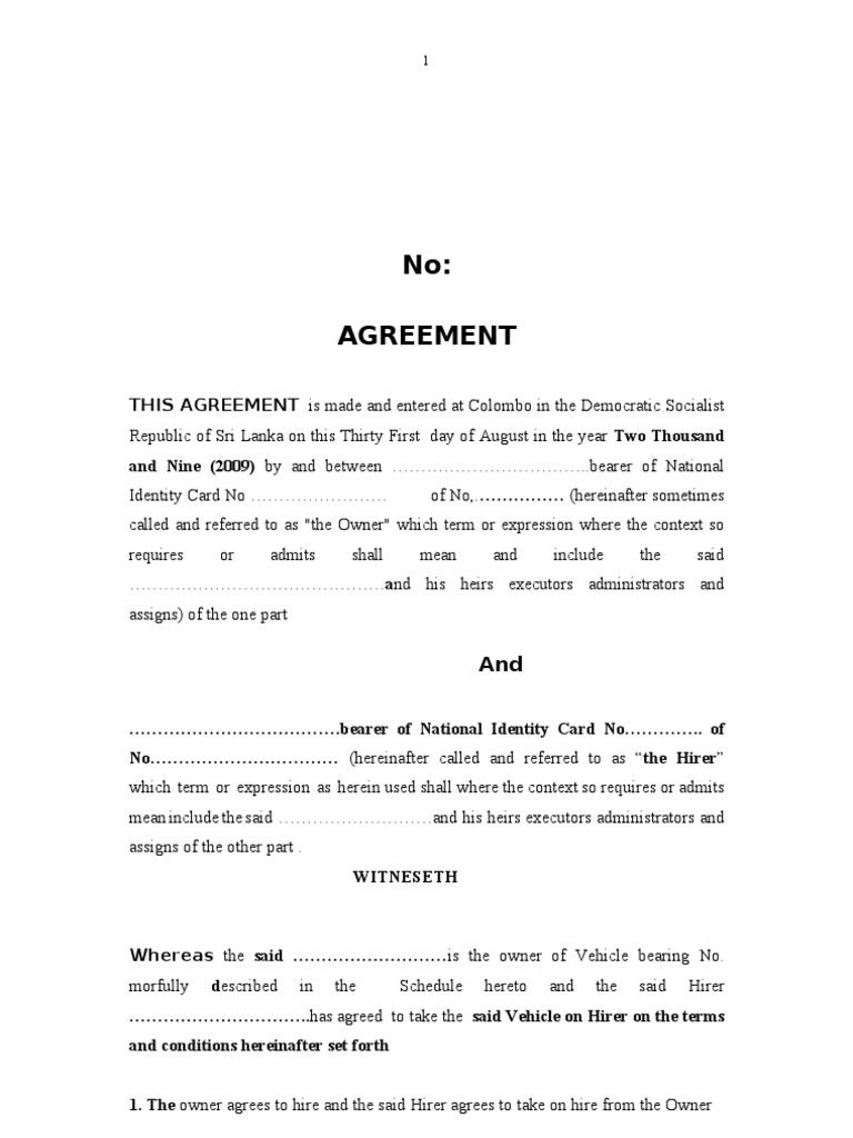 Agreement For Hirer of Vehicle | PDF | Traffic Collision | Vehicles