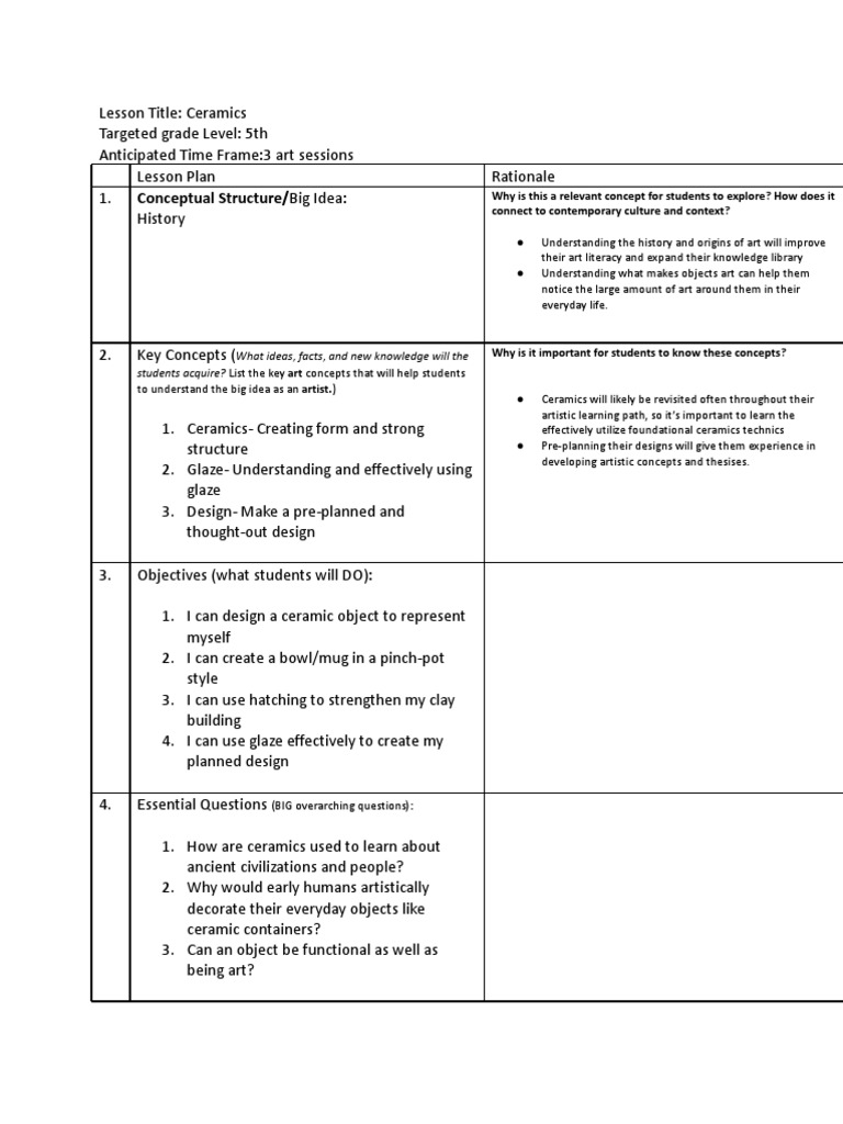 Lesson Plan - Ceramics 5th Grade | PDF | Idea | Understanding