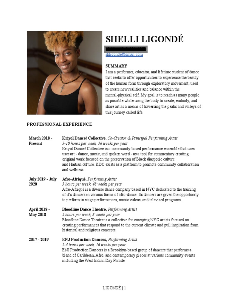 Shelli Ligonde - Dance CV 2023 - Redacted | PDF | Dances | Choreography