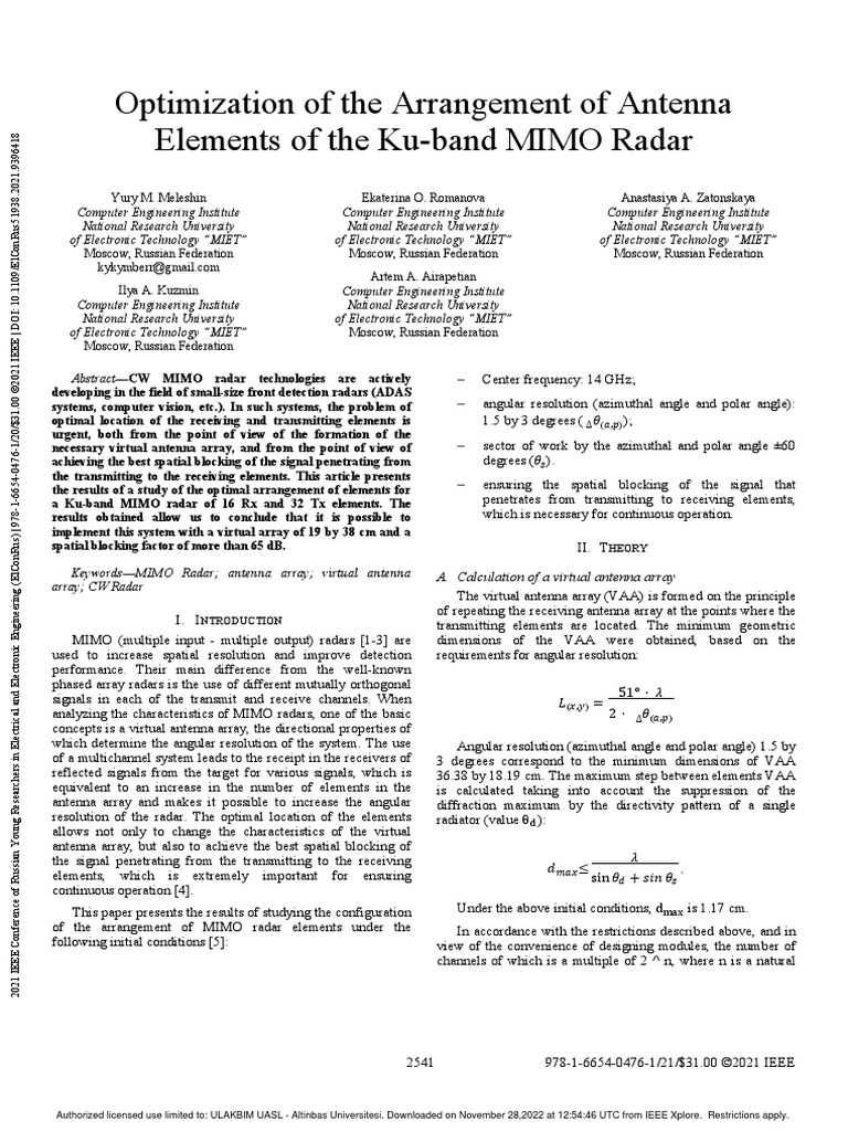 Optimization of The Arrangement of Antenna Elements of The Ku-Band MIMO Radar | PDF | Mimo | Radar