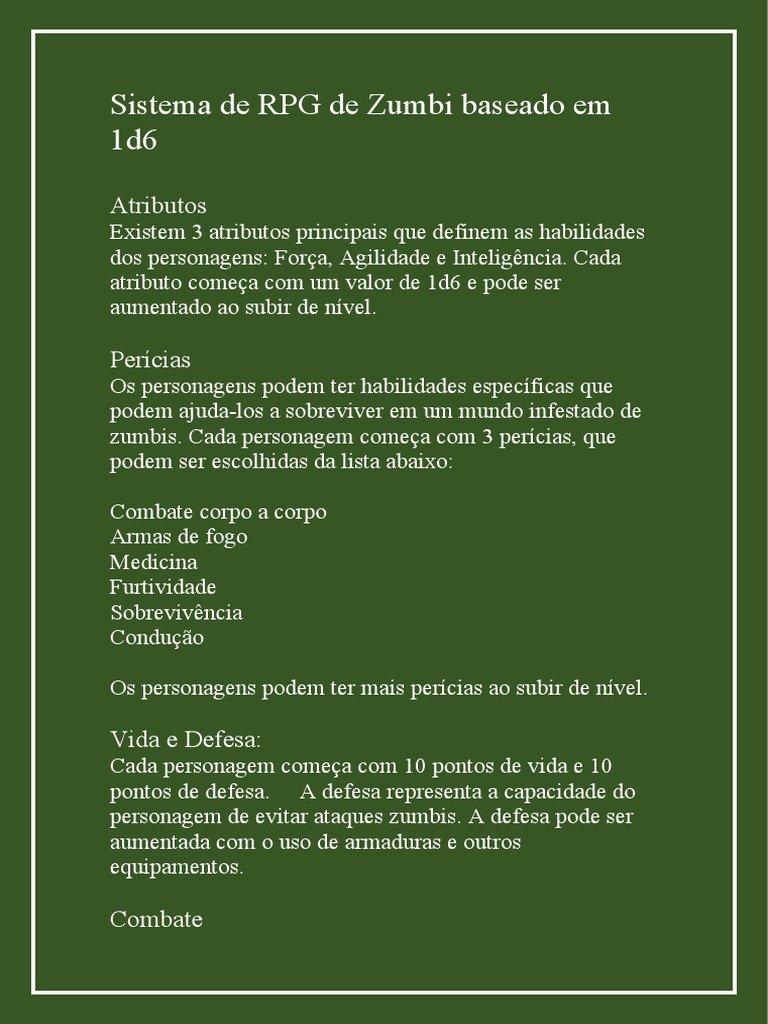 Sistema de RPG de Zumbi Baseado em 1d6 | PDF