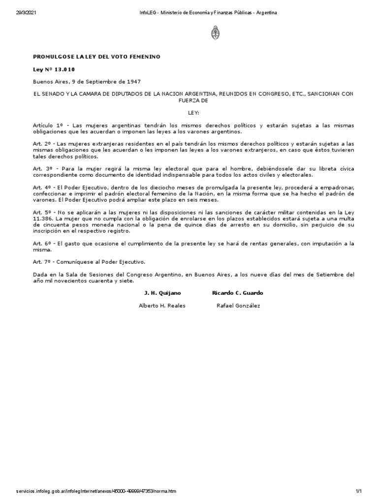 1947 - Voto Femenino Ley 13010 | PDF | Argentina | Gobernancia