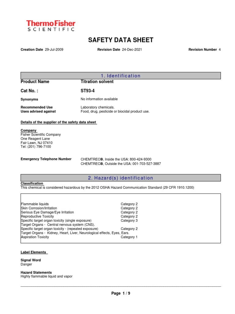 Titration Solvent MSDS | Download Free PDF | Toxicity | Firefighting