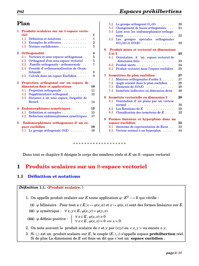 Espaces Prehilbertiens Reels | PDF | Espace euclidien | Orthogonalité