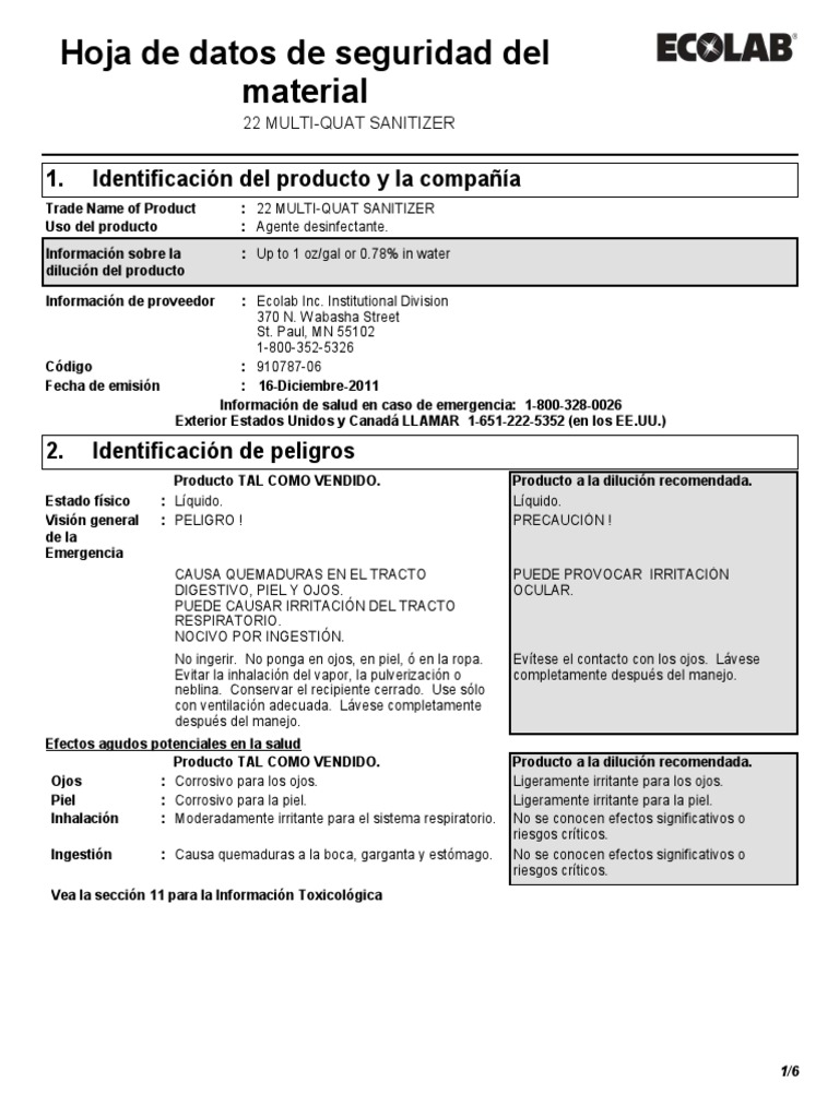 22 MULTI-QUAT SANITIZER-MSDS | PDF | Agua | Ventilación (Arquitectura)