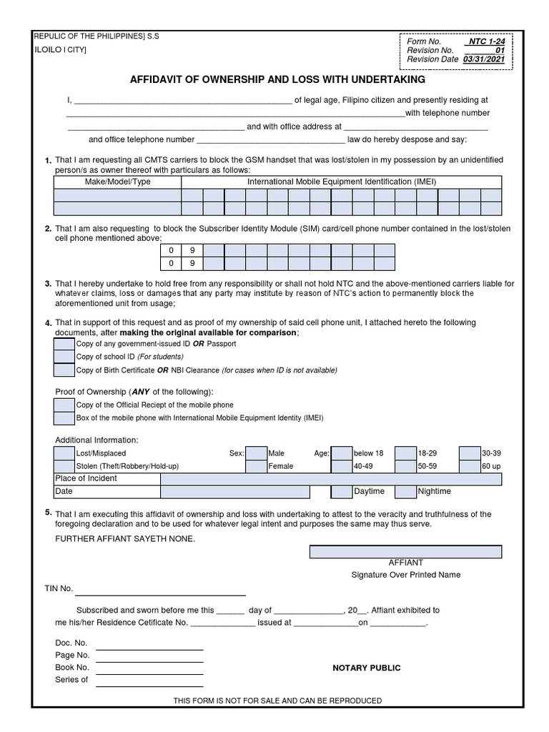 Form No. NTC 1 24 AFFIDAVIT OF OWNERSHIP AND LOSS WITH UNDERTAKING R6 ...