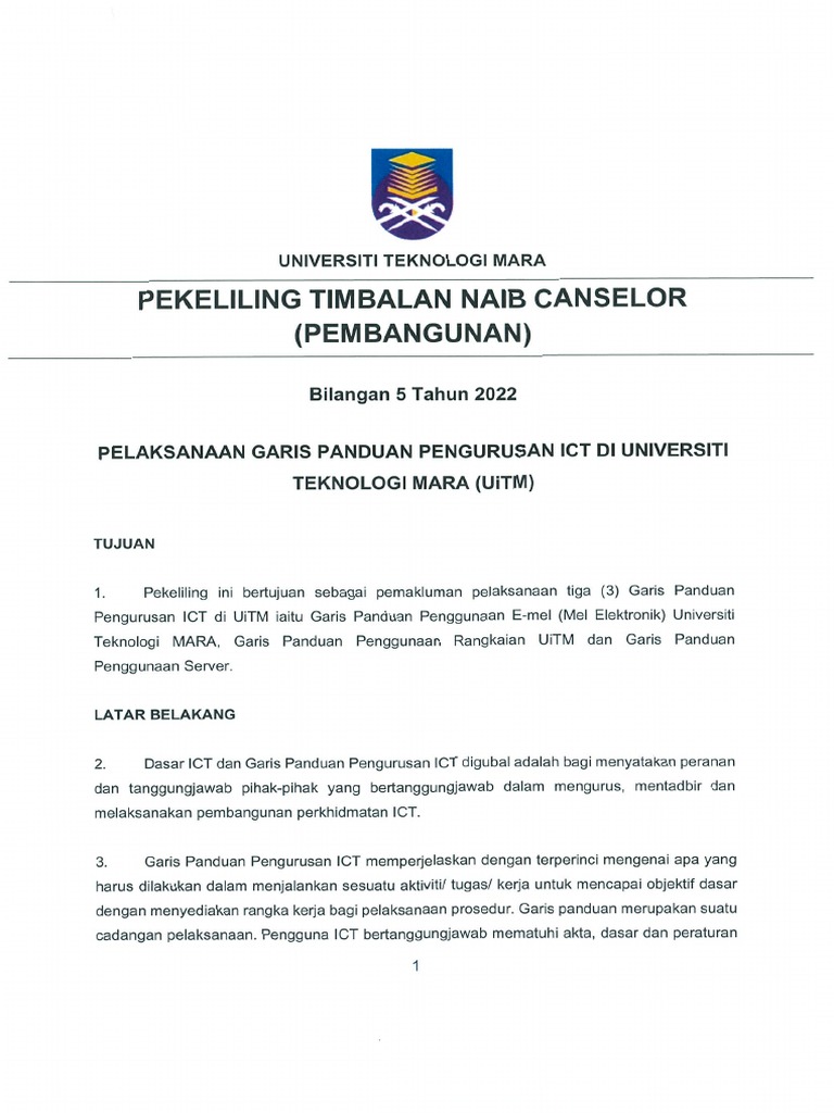 Pekeliling TNC (P) Bil 5 Tahun 2022 Pelaksanaan Garis Panduan Pengurusan ICT Di UiTM | PDF