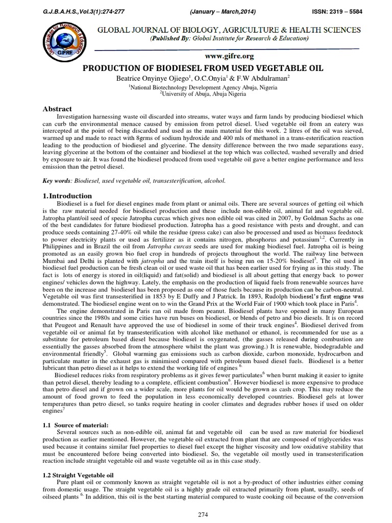 PRODUCTION OF BIODIESEL FROM USED VEGETABLE OIL | PDF | Biodiesel ...