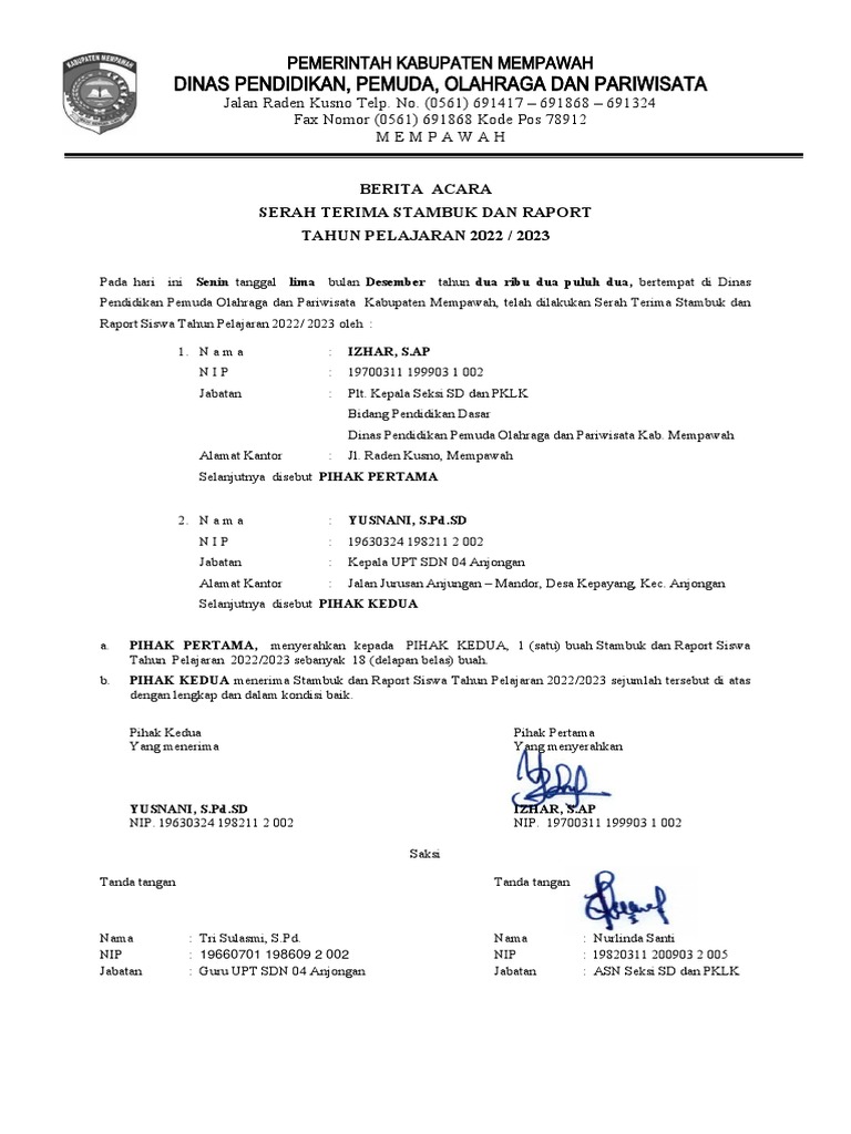 Berita Acara Serah Terima Raport | PDF