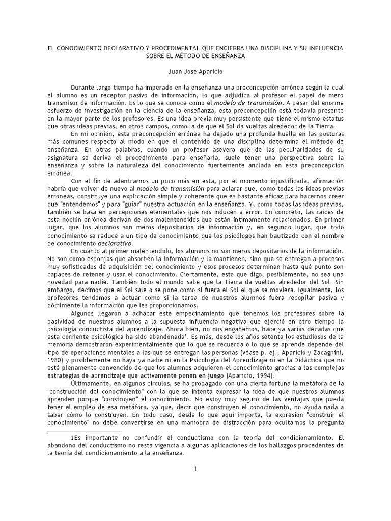 Clase 7. Aparicio J. El Conocimiento Declarativo y Procedimental | PDF | Conocimiento | Aprendizaje