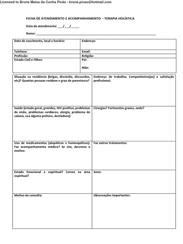 Ficha de Atendimento Anamnese Terapia Holística Reiki e Termo de Consentimento | PDF | Medicina ...