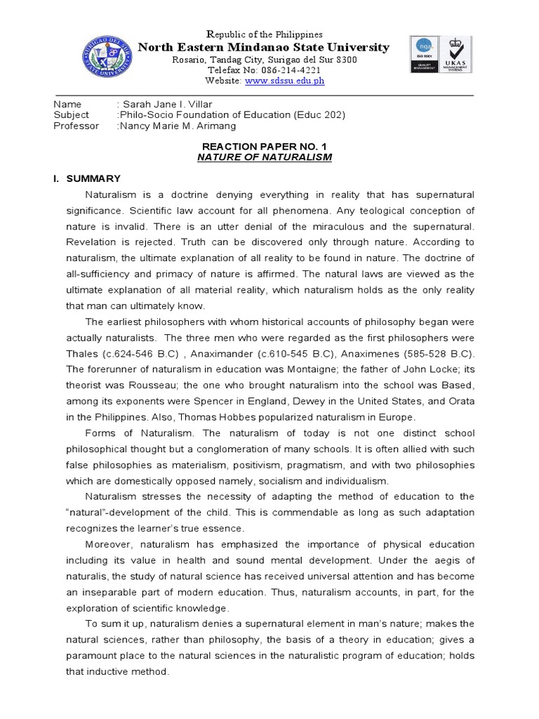 REFLECTION-PAPER 1 Villar | PDF | Naturalism (Philosophy) | Learning