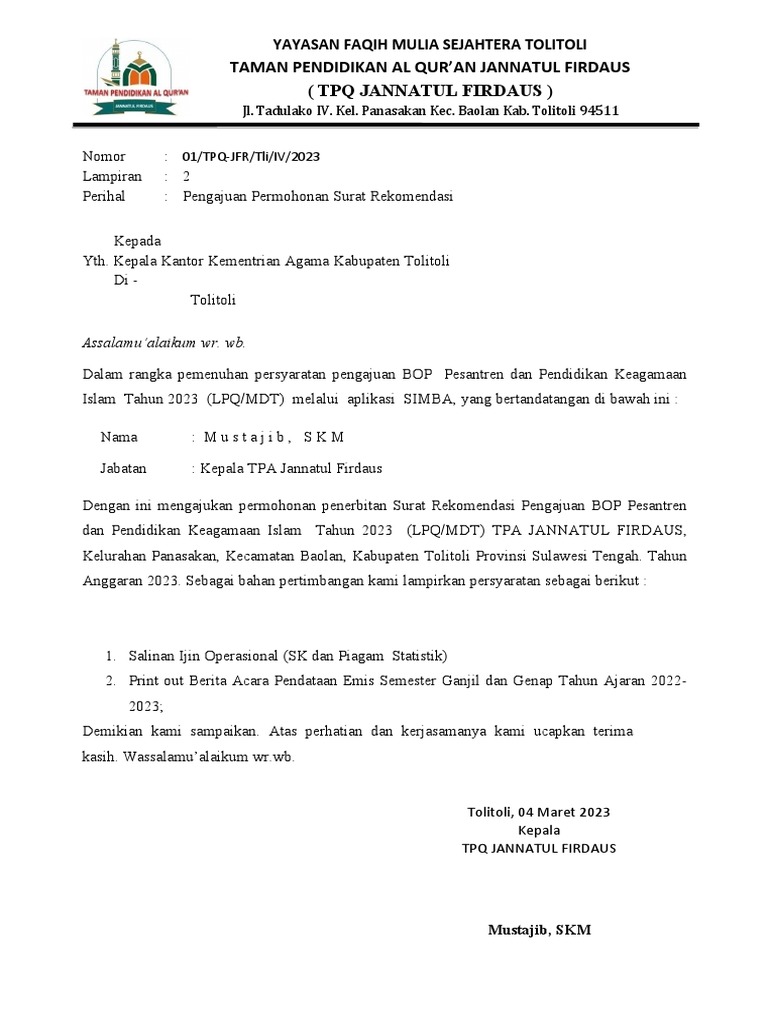 3 Surat PERMOHONAN REKOMENDASI LEMBAGA | PDF