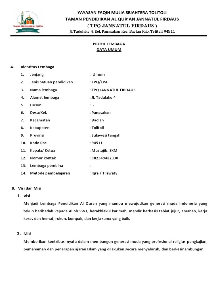 Profil TPQ Jannatul Firdaus Tolitoli | PDF
